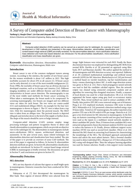 Pdf A Survey Of Computer Aided Detection Of Breast Cancer With Mammography