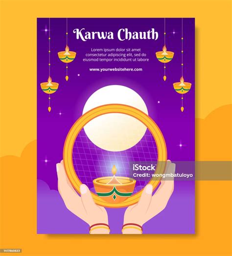 Karwa Chauth Festival 인도 포스터 템플릿 손으로 그린 만화 플랫 일러스트 레이 션 Karva Chauth에