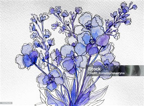 블루 퍼플 꽃 패턴입니다 수채화와 잉크로 질감이 있는 종이에 꽃 그림 디자인 또는 인쇄를 위한 꽃 배경의 손으로 그린 그림 식물학에 대한 스톡 벡터 아트 및 기타 이미지