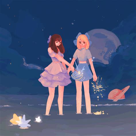 Original Animated Animated  Looping Animation 2girls Artist Name Bare Shoulders Blonde