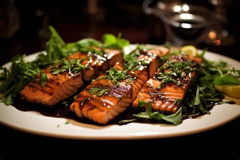 Premium Photo Grilled Salmon With Balsamic Glaze And Arugula