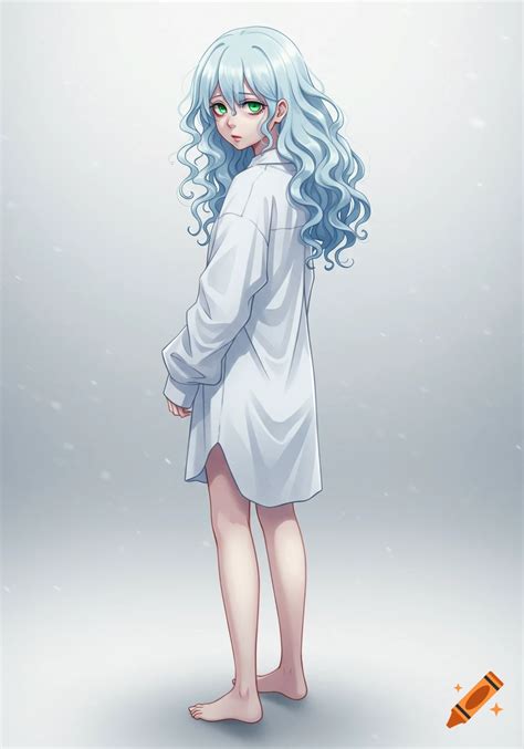Anime Girl With Pale Blue Curly Hair Bright Green Eyes Wearing A