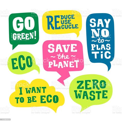 환경에 대한 따옴표로 설정된 음성 거품입니다 생태 스티커 항의 성명 슬로건 녹색 에코 제로 폐기물 지구를 저장 Reduse 재사용 재활용 이동합니다 거래 내역서에 대한 스톡