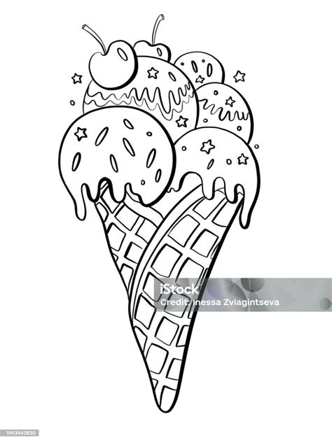 등고선 그림 스케치 만화 스타일의 음식 아이스크림 공 와플 콘 색칠하기 책 표지 인쇄 스티커 및 미디어 로고 아이콘을 위한 베리