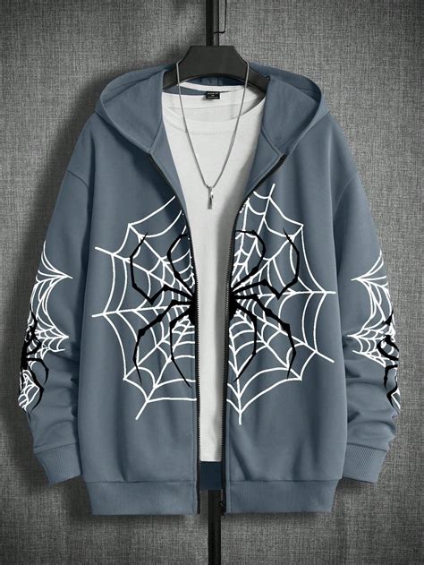 Loose Fit Mens Spider Web Printed Zippered Hoodie Without T Shirt