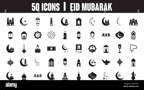 Eid Mubarak Icon Set Over White Background Block Line Style Vector Illustration Stock Vector