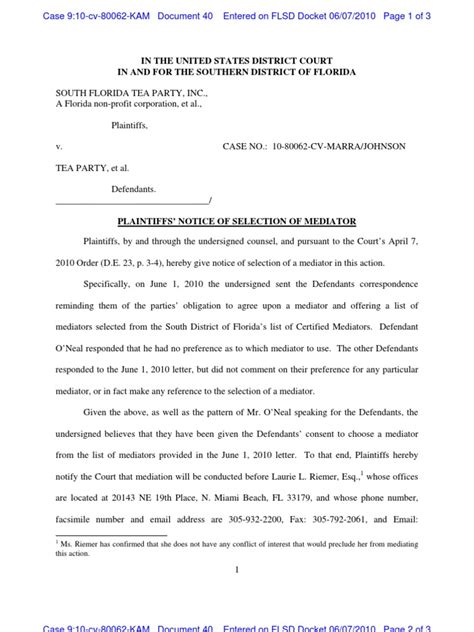 06 07 10 Notice Of Mediator Selection Pdf Mediation Litigation