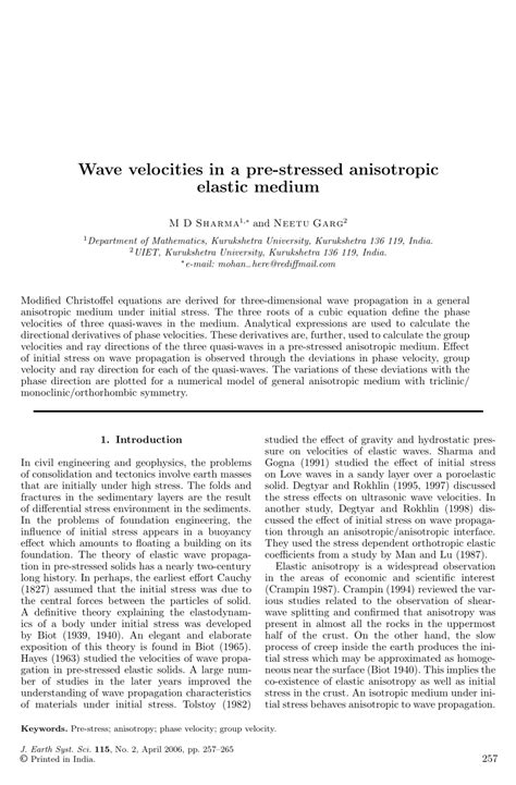 Pdf Wave Velocities In A Pre Stressed Anisotropic Elastic Medium