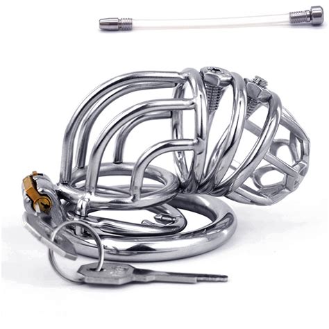 Curved Metal Chastity Cage With Screw Spikes And Silicone Catheter