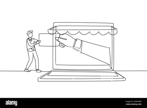 Single Continuous Line Drawing Young Man Inserting Credit Card Into Large Canopy Laptop Screen
