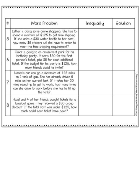Inequality Word Problems Worksheet Activity Write And Solve Inequalities