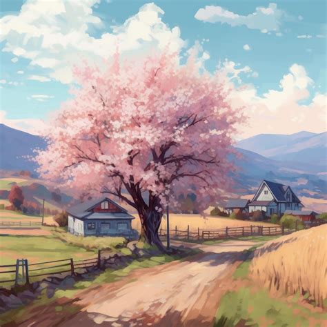 Painting Of A Tree In A Field With A Dirt Road Generative Ai Premium