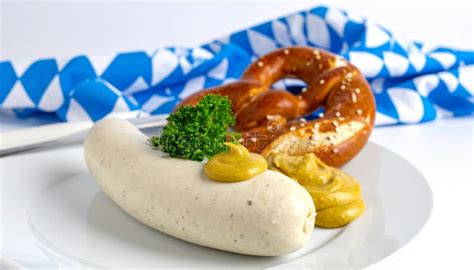 A Traditional Weißwurst White Sausage With Sweet Mustard And A
