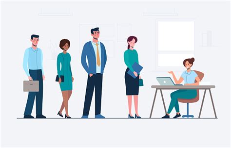 인사부 직장에 대한 사람들의 경쟁 면접을 위해 대기열 남성과 여성은 직업을 얻고 싶어합니다 벡터 일러스트레이션 플랫 리디지드 사무실에 대한 스톡 벡터 아트 및 기타 이미지