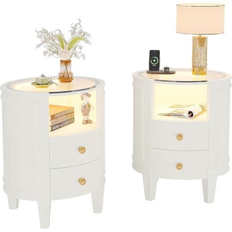 Oval White Nightstand Bedside Table With 2 Drawers And Light Overstock