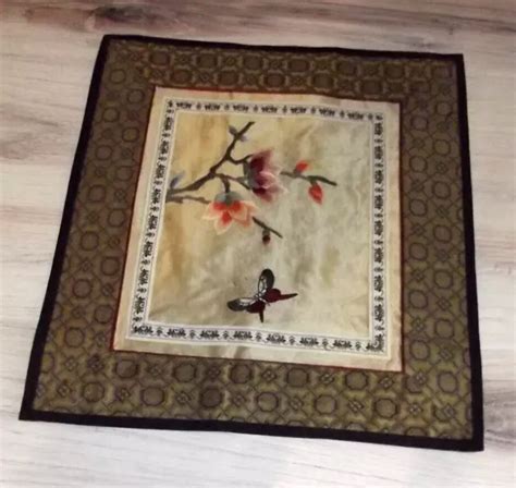 Vtg Panel Front Butterfly Flowers Chinese Silk Hand Embroidery 10