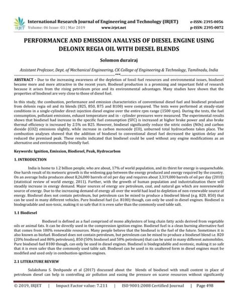 Irjet Performance And Emission Analysis Of Diesel Engine Using Delonix Regia Oil With Diesel