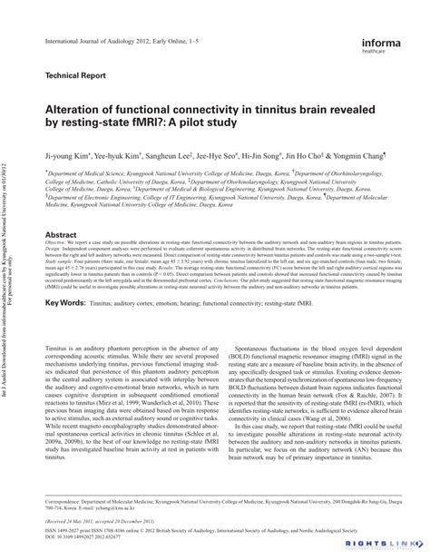 Pdf Alteration Of Functional Connectivity In Tinnitus Brain Revealed By Resting State Fmri A