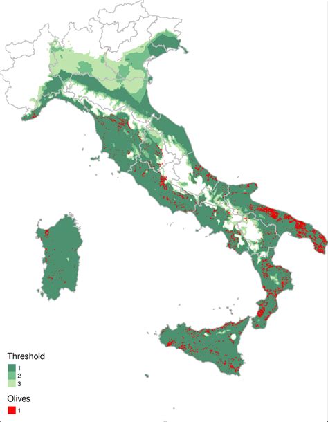 1 binary suitability maps and olive production sites for italy