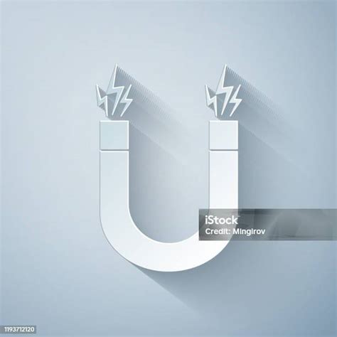 회색 배경에 격리 된 종이 잘라 자석 아이콘 말굽 자석 자기 자화 매력 종이 아트 스타일입니다 벡터 일러스트레이션 3차원 형태에 대한 스톡 벡터 아트 및 기타 이미지