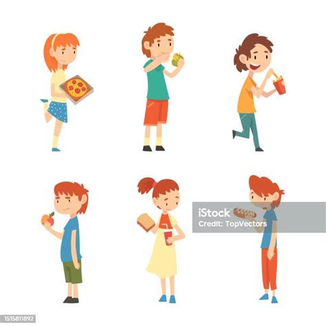 건강에 좋은 음식을 거부하는 아이들은 패스트 푸드 접시 세트를 선호합니다 야채와 과일 만화 벡터 일러스트레이션을 거부하는 까다로운 아이들 감정에 대한 스톡 벡터 아트 및