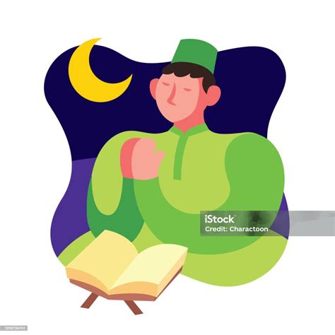 해피 라마단과 이드 무바라크 카림 이슬람 축제 계절에 꾸란과 함께기도 무슬림기도 벡터 일러스트레이션 Eid Mubarak에 대한 스톡 벡터 아트 및 기타 이미지 Istock