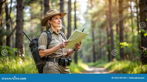 Female Forest Ranger On Duty In A National Park Park Ranger Walking On