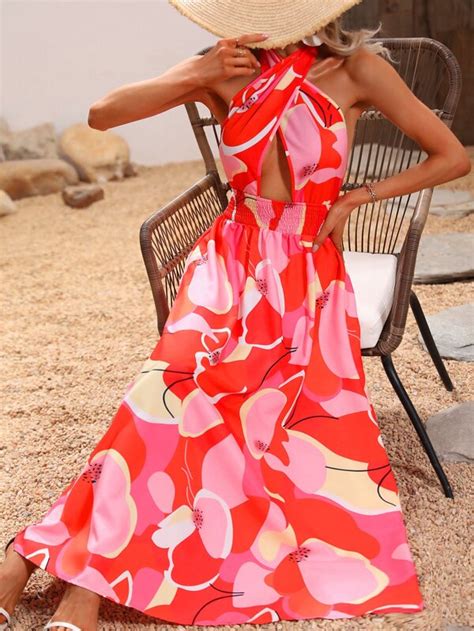 Shein Vcay Allover Print Criss Cross Shirred Tie Backless Dress Shein Usa