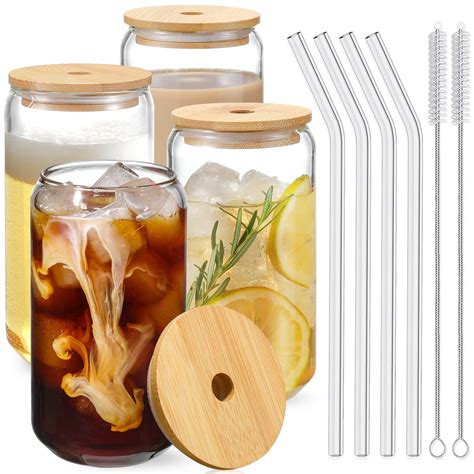 Reusable 16oz Glasses With Bamboo Lids And Glass Straws 4pc Can Shaped