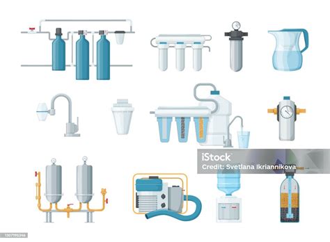 물 필터 여과 청소 시스템 쿨러 카트리지 필터 모터 펌프와 용기 병 공정에서 깨끗한 물 음료를 여과하고 특수 기술을 갖춘 정제 된 액체 물에 대한 스톡 벡터 아트 및 기타