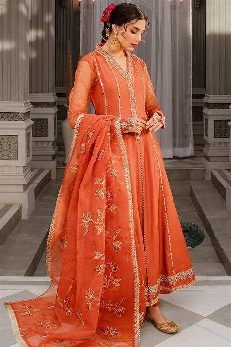 Embroidered Orange Pakistani Frock Dupatta Party Dress Nameera By Farooq