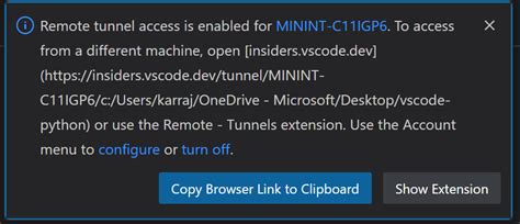 Prompt After Turning On Remote Tunnel Access Does Not Display Link