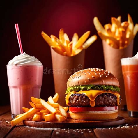 Hamburger And Fries Fast Food Meal With Milkshake Stock Illustration Illustration Of Milk