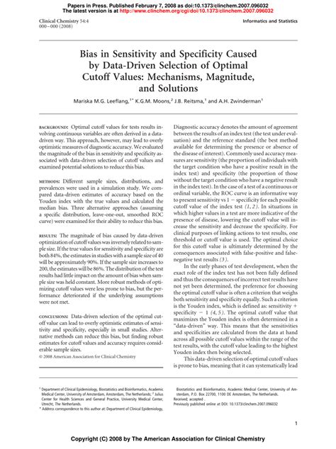 Pdf Bias In Sensitivity And Specificity Caused By Data Driven Selection Of Optimal Cutoff