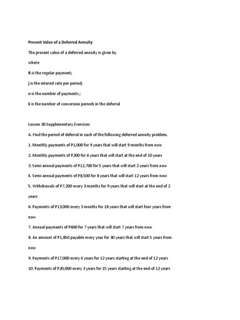 Present Value Of A Deferred Annuity Exercises Pdf