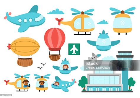ベクター航空輸送セット飛行機ツェッペリンヘリコプター熱気球雲子供向けの空港クリップアートを使った面白い交通コレクション正面図と側面図を備えた