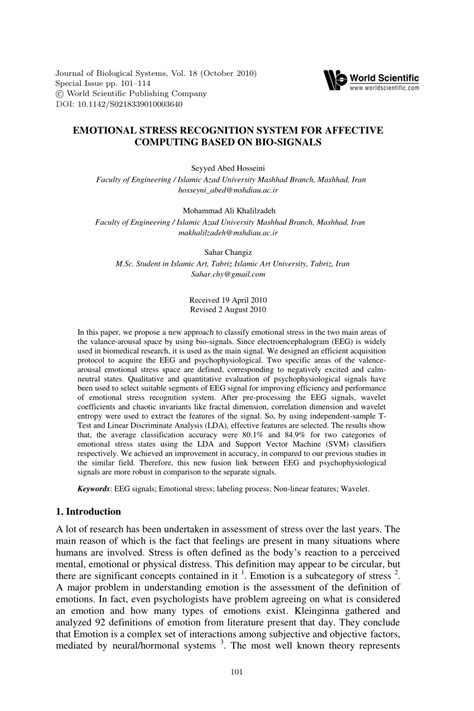 Pdf Emotional Stress Recognition System For Affective Computing Based On Bio Signals Journal