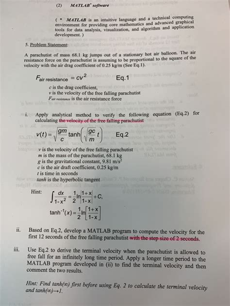 Solved 5 Problem Statement A Parachutist Of Mass 681 Kg