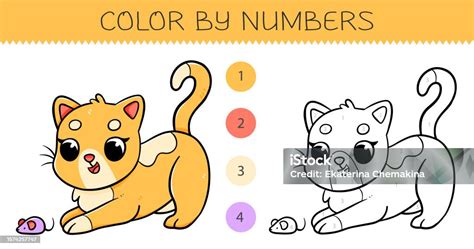 귀여운 고양이와 함께 아이들을 위한 숫자 색칠하기 책 색칠하기 예제가 있는 만화 고양이가 있는 색칠 페이지 흑백 및 컬러 버전 벡터 그림입니다 검은색에 대한 스톡 벡터 아트