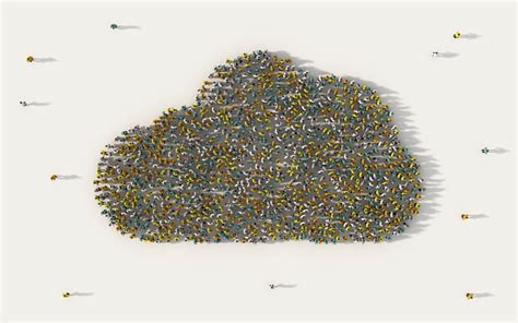 소셜 미디어와 흰색 바탕에 커뮤니티 개념에 구름 기호를 형성 하는 사람들의 큰 그룹 위의 군중 그림의 3d 기호 함께 모여 3차원 형태에 대한 스톡 사진 및 기타 이미지