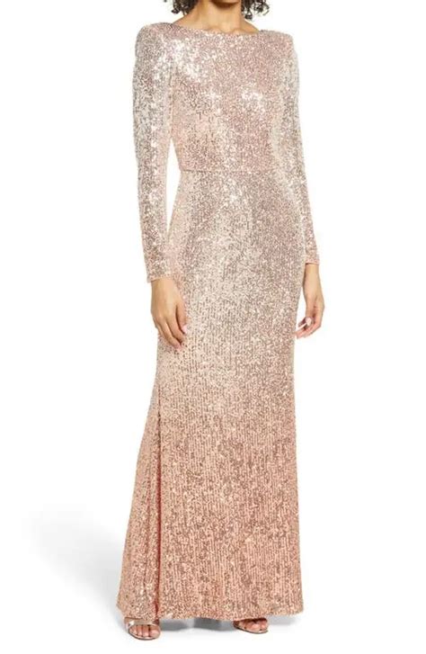 Buy Eliza J Sequin V Back Long Sleeve Gown Champagne At 40 Off