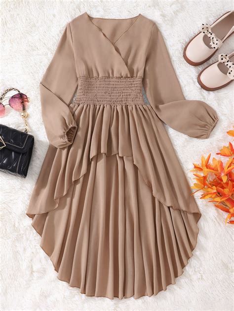 Girls Surplice Neck Shirred Waist High Low Hem Peplum Blouse Muslim