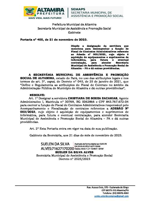 Portaria 400 Ato De DesignaÇÃo Do Fiscal Do Contrato Prefeitura
