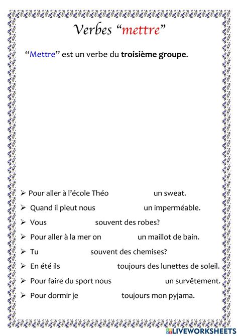 Verbe Mettre Activity Workbook School Subjects Videos Tutorial