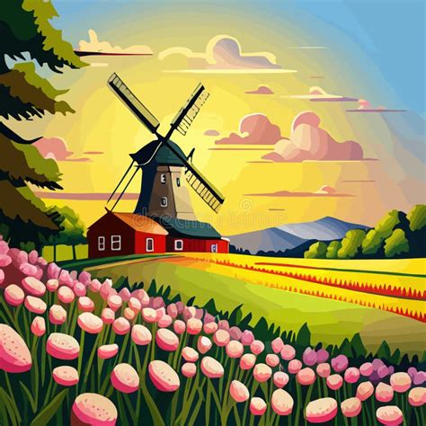 Landscape With Tulips Traditional Dutch Windmills In Netherlands