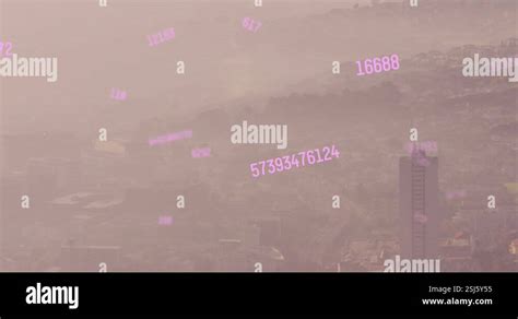 Animation Of Multiple Changing Numbers Floating Against Aerial View Of