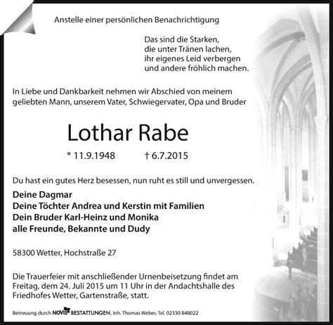Traueranzeigen Von Lothar Rabe Trauer In NRW De
