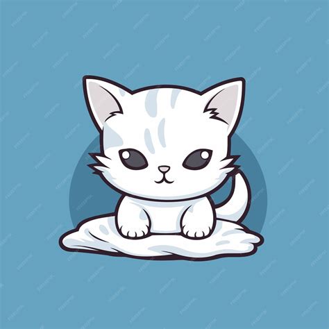 Милый белый котенок из мультфильма сидящий на подушке Премиум векторы