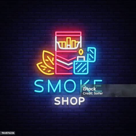 煙霧店徽標霓虹燈向量捲煙店霓虹燈標牌 向量設計範本向量插圖煙草主題 亮夜香煙廣告向量向量圖形及更多上癮圖片 上癮 不健康飲食 危險