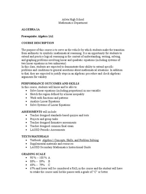 Algebra 1a Prerequisite Algebra 1a1 Course Description Pdf